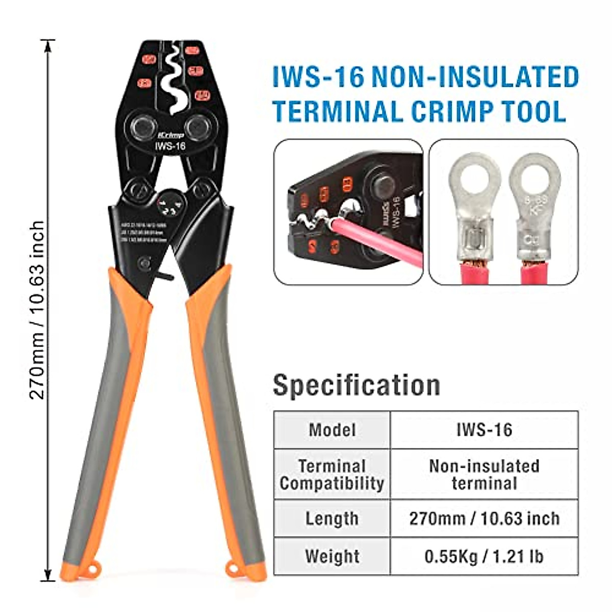 iCrimp Non Insulated Terminal Crimper, AWG 22-6 Ratchet Wire Crimper Tool for Battery Cable Terminal, Copper Butt Connector, Splice Wire Connectors