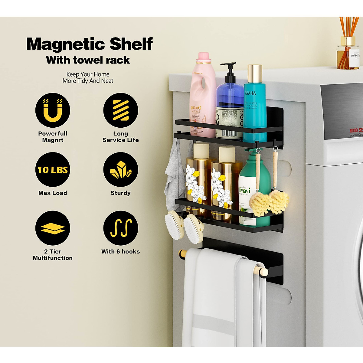 Strong Magnetic Large Shelf Spice Rack Magnetic Paper Towel Holder with Hooks for Refrigerator Fridge Organizer for Kitchen, Space Saver Container for Kitchen Apartment, Drill Free, Black