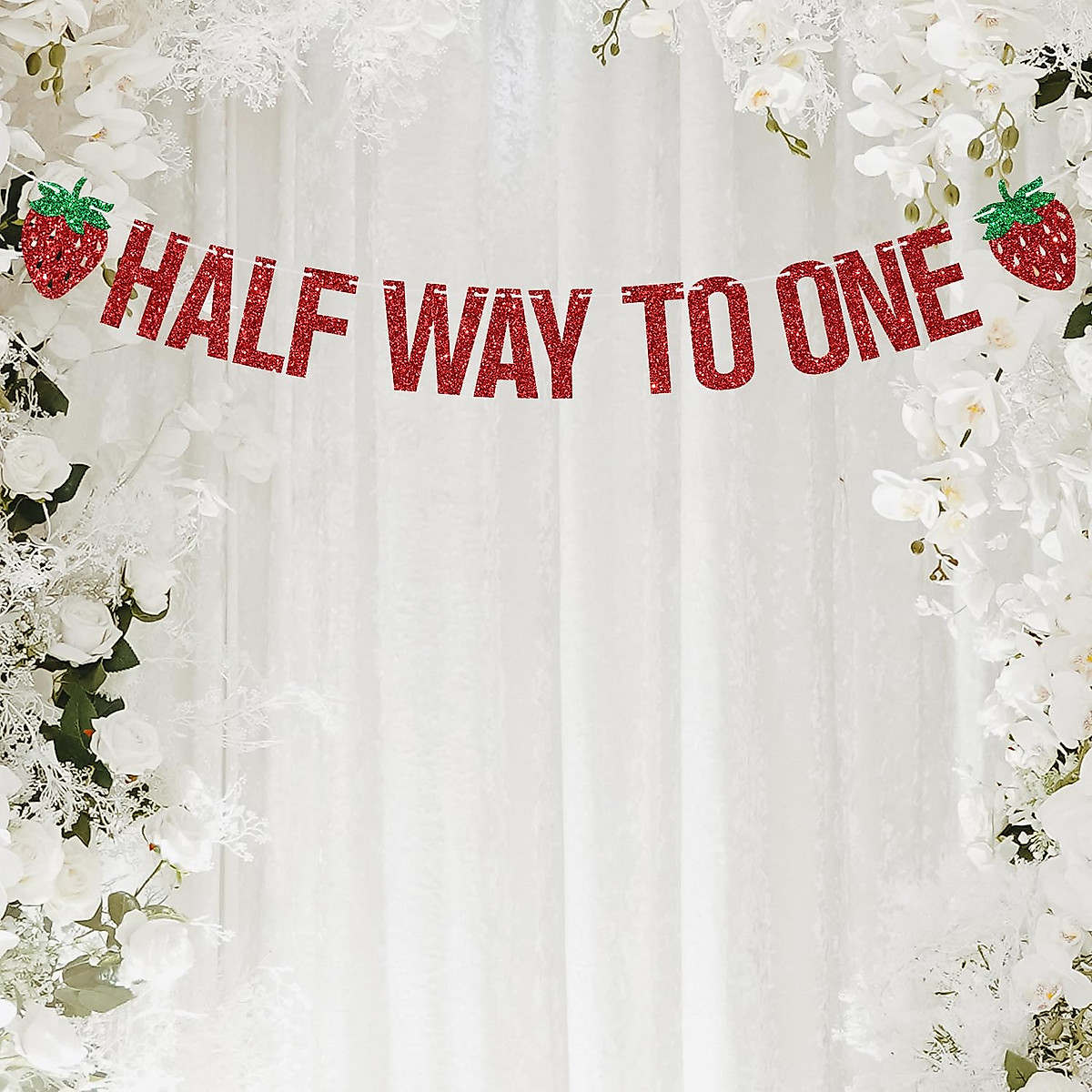 Strawberry Half Way to One Banner, 6 Months Birthday Decorations, Berry Sweet Half Birthday, Strawberry Themed Baby Shower Party Decorations, Red Glitter
