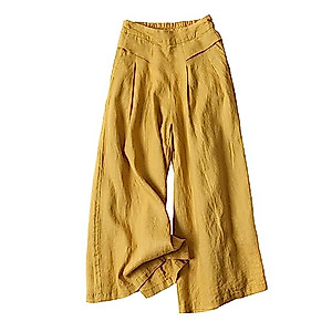 Bianstore Women's Culottes Cotton Linen Wide Leg Palazzo Pants Elastic Waist Capri Trousers with Pockets(Yellow-L)