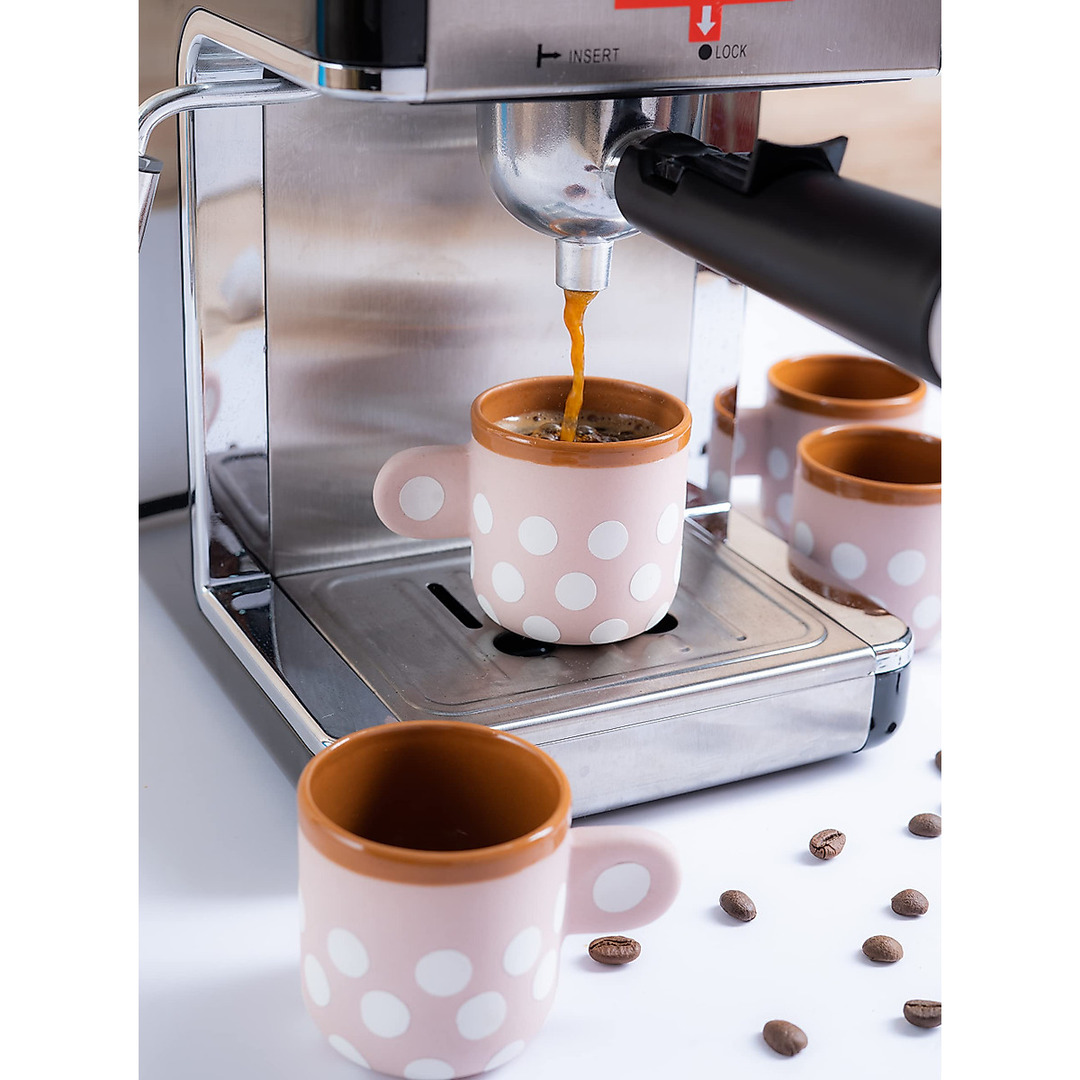 KAKI Espresso Cups Set of 2-3 Ounce, Clay Espresso Cups Pink with White Polka Dot, Handmade Expresso Coffee Cup for Coffee Lovers, Gifts for Mom, Dad or Friends (Pack 2)