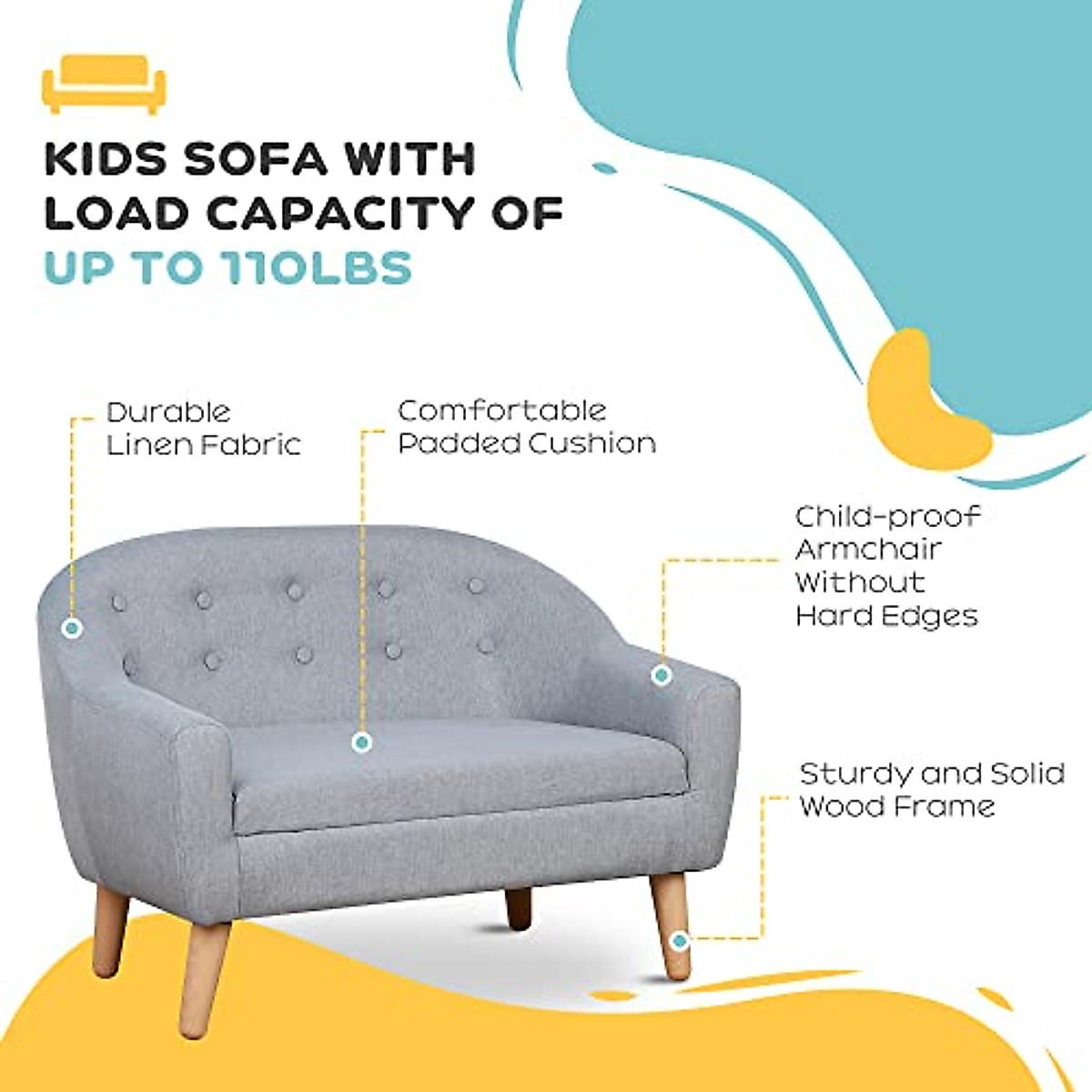 Qaba 2-Seat Kids Sofa Linen Fabric and Wooden Frame Sofa for Kids and Toddlers Ages 3-7, 11" High Seat, Gray