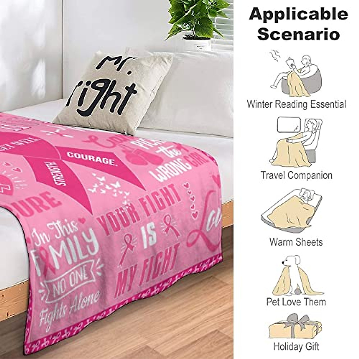 Breast Cancer Gifts for Women Throw Blanket, Get Well Soon Survivor Gifts Breast Cancer Pink Soft Blanket for Women 50"X 60"