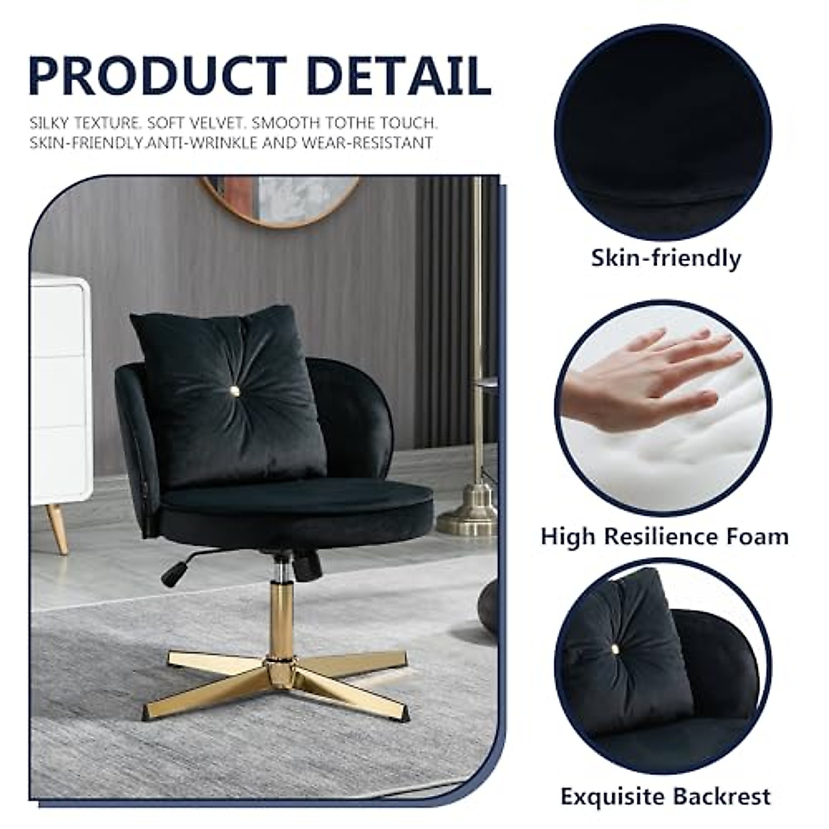 MOONMISS Swivel Office Desk Chair - Ergonomic Comfy Desk Chairs with Pillow, Adjustable Velvet Vanity Chair for Study, Office, Make-up, Black-Gold Legs