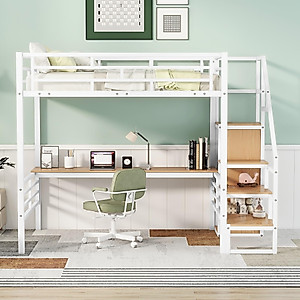 Full Size Loft Bed with Desk and Stairs Metal Loft Bed with Storage Wardrobe and Shelves, Heavy-Duty High Loft Bed for Kids Teens Adults, White
