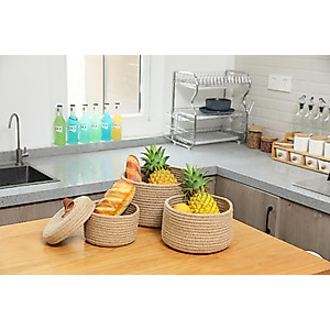 Cottonphant Set of 3 Stylish Round Woven Baskets with Lids - Elegant Storage Solution for Home Decor and Organization - Compact Shelf Baskets (Jute, 10"x6"-8"x5"-6"x4")