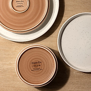 AmorArc Ceramic Dinnerware Set for 4 | Speckled Stoneware Plates and Bowls with unglazed terracotta | Scratch Resistant, Dishwasher & Microwave Safe Dishes Sets- 12-Pcs Beige