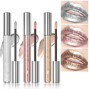 NewBang 3 Colors Metallic All Glitter Liquid Lipstick Set Chameleon Lip Gloss Tint Stain Waterproof Diamond Shimmer Shinning Sparkly Face Eye Glow Moisturizing High Glow Christmas Party Makeup Gift