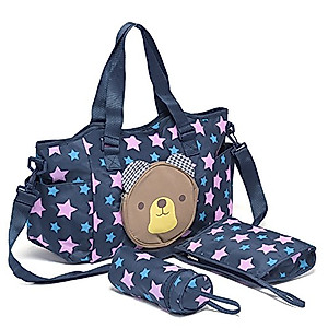 Mom Miya Large Capacity Multifunction Mummy Diaper Bag Tote Bag Mother Nappy Bag Set 3pcs Star Bear Design 2 Color (Blue)