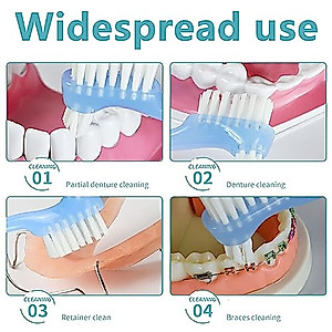 4 Pieces Denture Brush, Small Toothbrush for Dentures, Multi-Layered Bristles Ergonomic Rubber Handle for False Teeth Cleaning