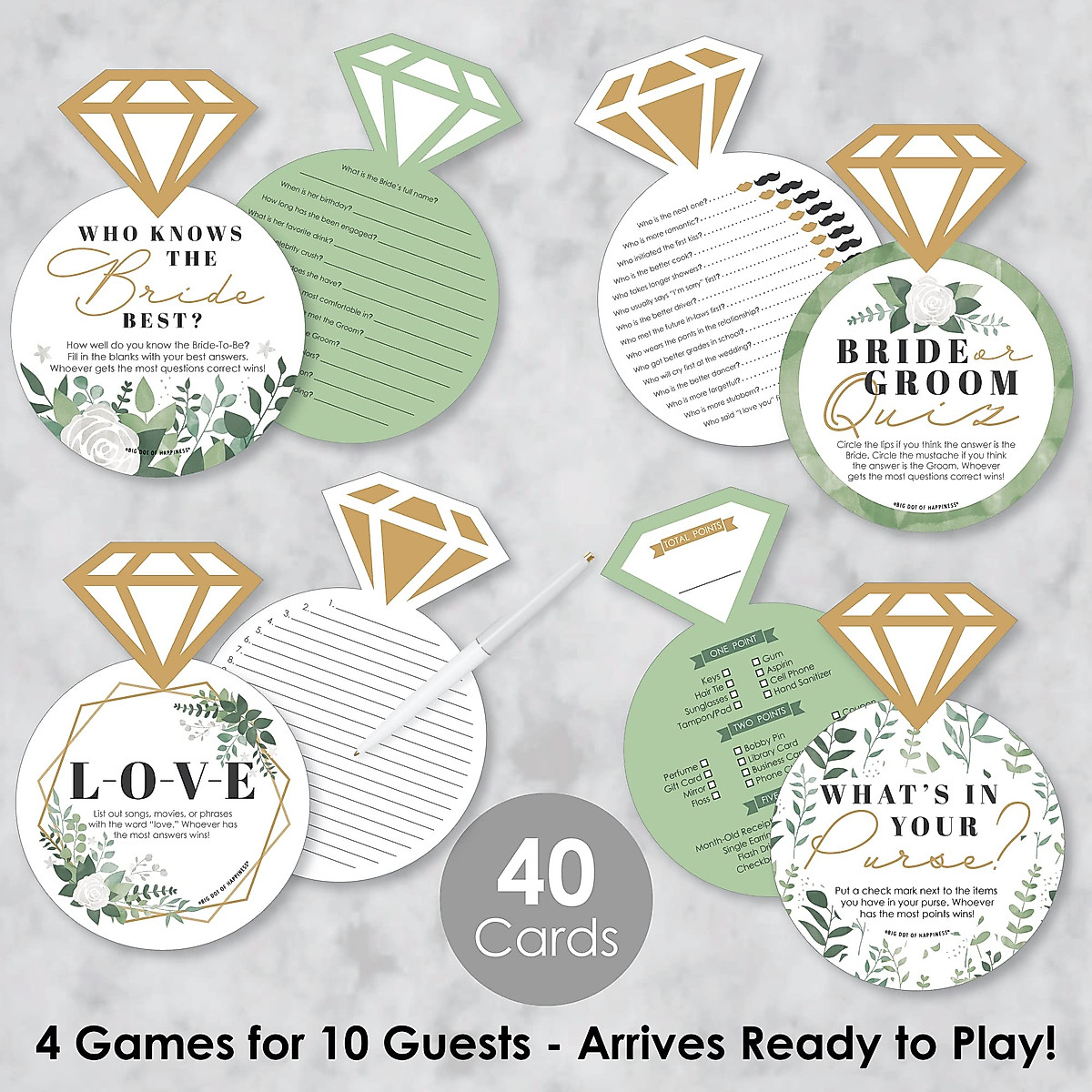 Big Dot of Happiness Boho Botanical Bride - 4 Greenery Bridal Shower Games - 10 Cards Each - Gamerific Bundle