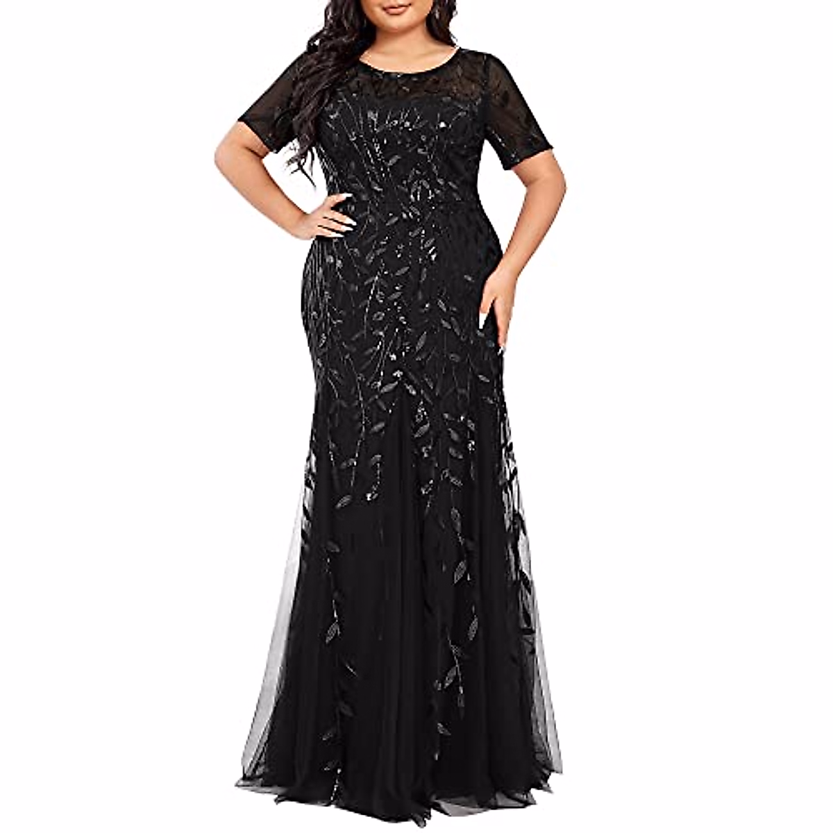 Ever-Pretty Women's Embroidered Prom Dress Long Formal Plus Size Dresses for Wedding Guest Black US22