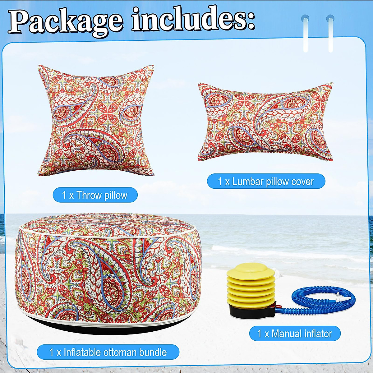 Anglechic 3 Pcs Indoor Outdoor Inflatable Ottoman Inflatable Lumbar Pillow and Toss Pillows, Fade Resistant Round Footrest Stool D21''x H9'', Portable for Patio Garden Camping or Home (Paisley)