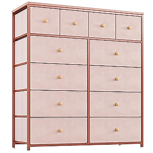 EnHomee Pink Dresser for Girls Bedroom with 12 Drawers, Dresser for Bedroom with Sturdy Metal Frame and Wooden Top, Bedroom Dressers & Chests of Drawers for Bedroom, Nursery, Closet, Pink
