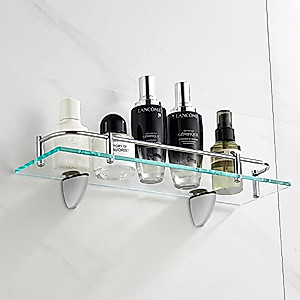 VASUHOME 2 Tier Bathroom Glass Shelves, Tempered Glass Bathroom Wall Organizer with Silver Guardrail, and 2 Metal Hooks - Wall Mounted Rectangular Shelves for Storage and Display