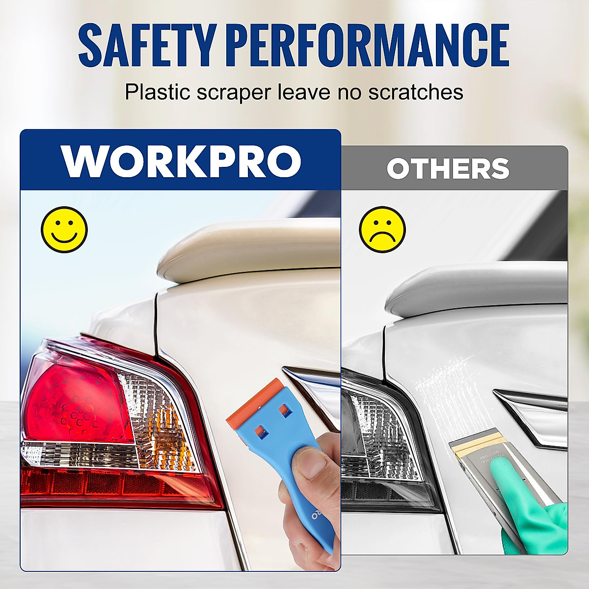 WORKPRO 3-Piece Plastic Razor Blade Scraper with 120 Pcs Plastic Razor Blades, for Gasket Remover, Labels Decal and Adhesive Remover for Windows and Glass