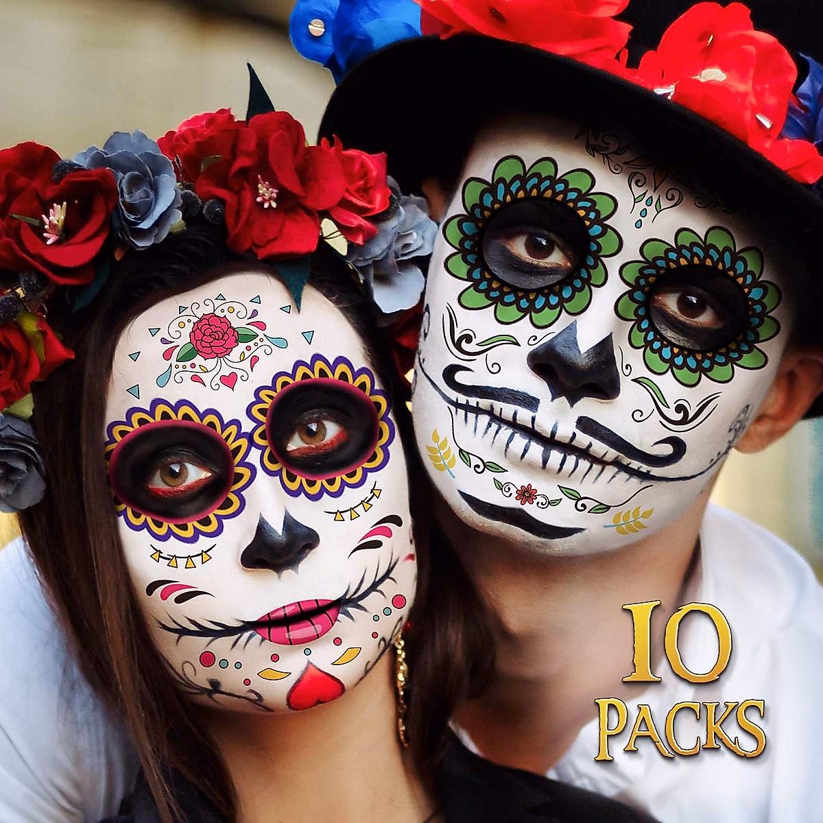 Day of the Dead Face Tattoos - 10 Pack Día de Los Muertos Temporary Face Sticker Kit Halloween Decorations Sugar Skull Costume Makeup Decor Glitter Red Roses Skeleton Full Face Mask Tattoos Temporary