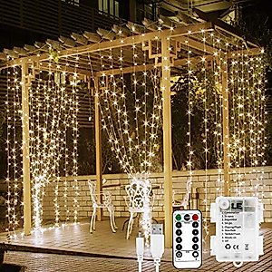 Lighting EVER Christmas Curtain Lights Battery Operated & USB Plug in, Remote, 10 x 10 ft Hanging Fairy Lights for Bedroom Wall, 300 LED Indoor Outdoor Backdrop Lights for Wedding Party, Patio Gazebo