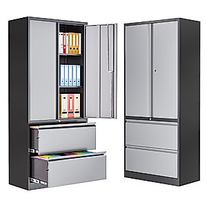 LISSIMO Metal File Cabinet with 2 Drawers,Office Storage Cabinet with Adjustable Shelves, Lockable Lateral File Cabinet for Letter/Legal/A4 Size Files (Black)