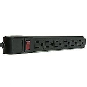 25 feet Surge Protector, Flat Rotating Plug, 6 Outlet, Black Horizontal Outlets, Plastic, 25ft Power Cord, Surge Protector Multi Plug, CableWholesale