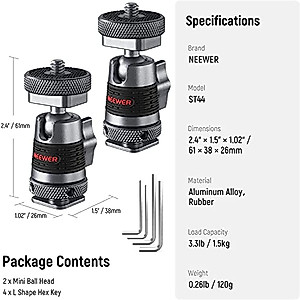 NEEWER Mini Ball Head with Removable Cold Shoe Mount and 1/4” Screw, Detachable Cold Shoe Base, 2 Way Installation Compatible with SmallRig Cage, DSLR Camera, Monitor, LED Video Light (2 Packs, ST44)