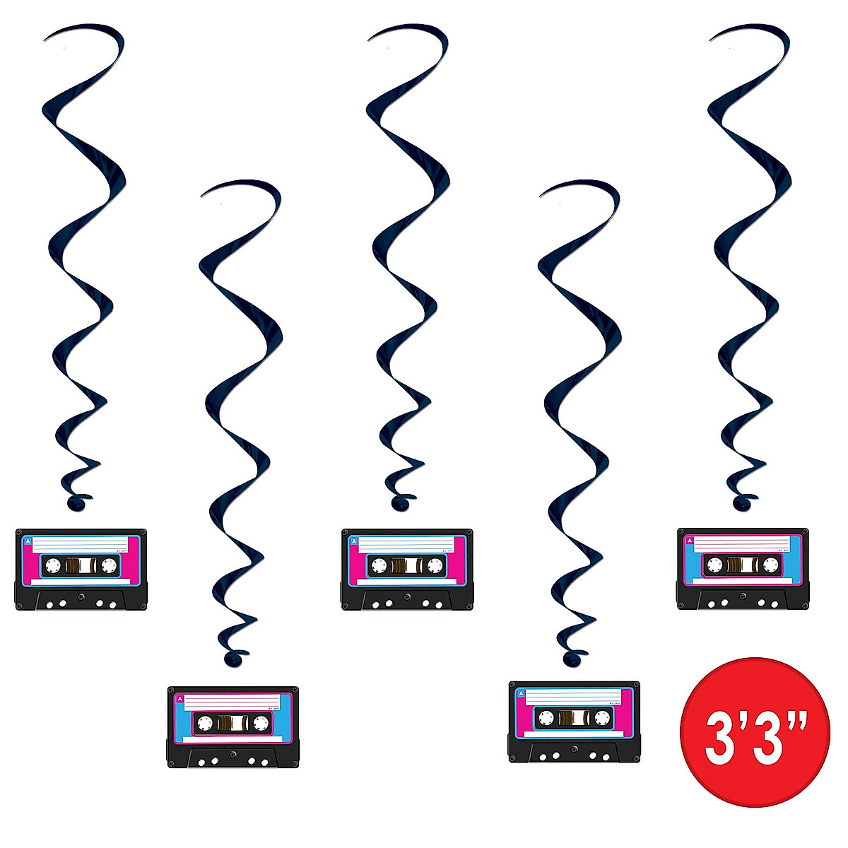Beistle 10 Piece 80's Theme Cassette Tape Swirls 1980's Retro Hanging Whirl Decorations, 39", Multicolor