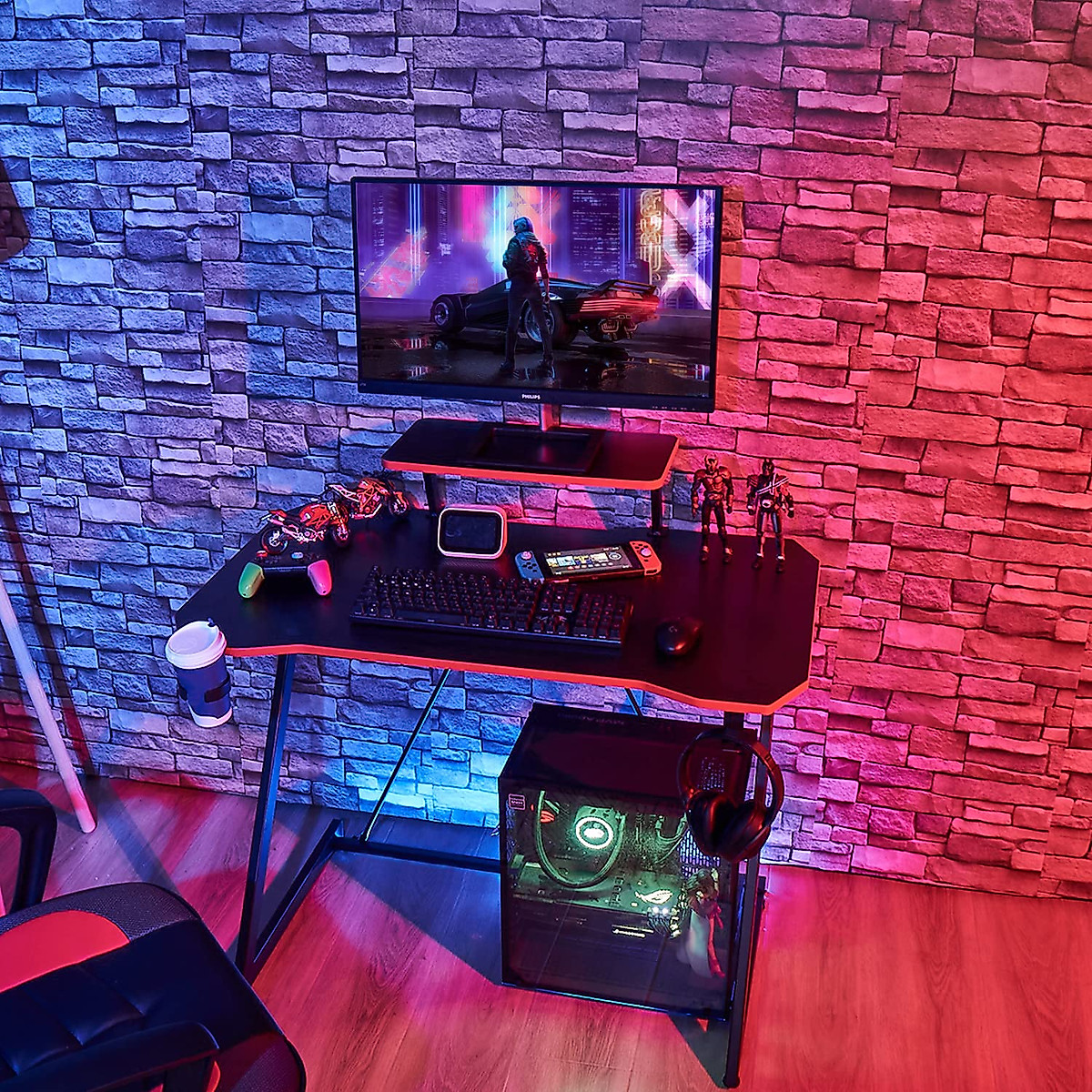 Excited Work Z-Shaped Multifunctional Gaming Desk, 40-inch Computer Desk, Home Desk Writing Desk, Personal Workstation with Headphone Stand and Cup Holder