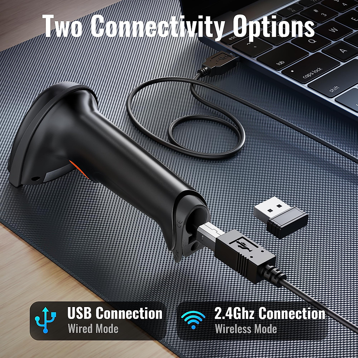 Tera Barcode Scanner Wireless Versatile 2-in-1 (2.4Ghz Wireless+USB 2.0 Wired) with Battery Level Indicator, 328 Feet Transmission Distance Rechargeable 1D Laser Bar Code Reader USB Handheld (Black)