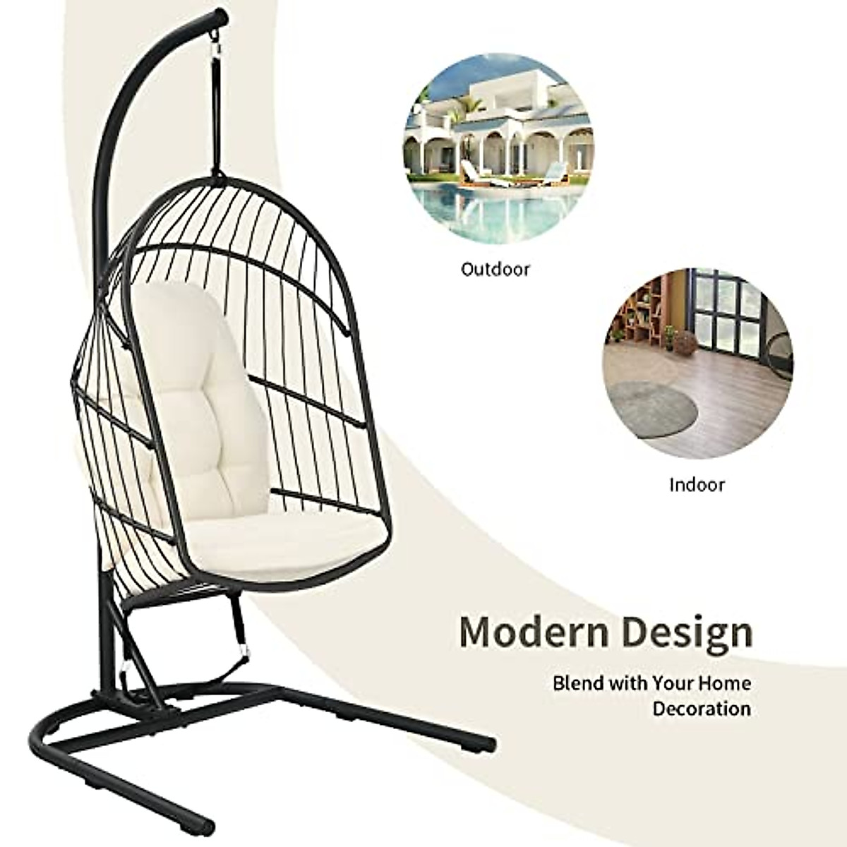 WYKDD Hanging Wicker Egg Chair w/Stand Cushion Foldable Outdoor Indoor Beige