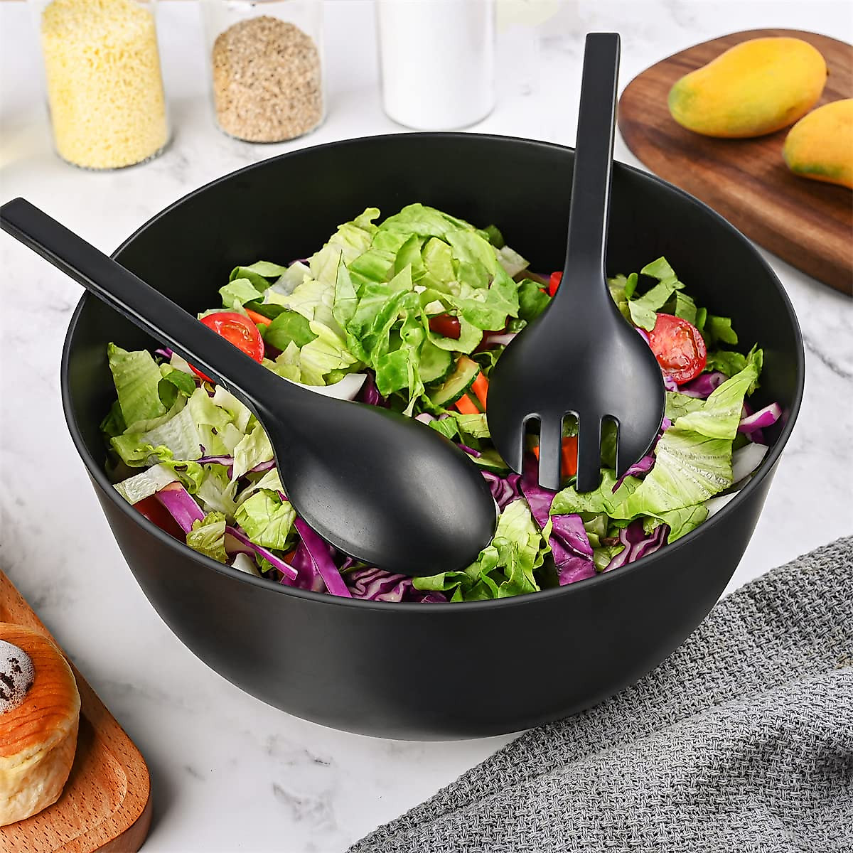 LOVYANXUE Salad Bowl with Lid, 9.8" Large Salad Bowl Set with Lid Spoon Fork, Natural Bamboo Fiber Salad Bowl and 4 small Bowls for Salad, Fruits, Vegetables, Pasta, Popcorn