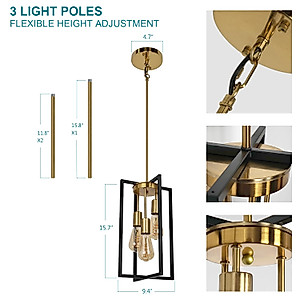 Modern Industrial Farmhouse Pendant Lighting, Rectangle Black & Brass Chandelier, Hanging Light for Kitchen Island, Dining Room, Entryway, Hallway (3-Light)