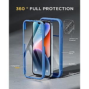 Miracase Glass Series Designed for iPhone 14 Phone Case 6.1 inch, 2023 Upgrade Full-Body Clear Bumper Case with Built-in 9H Tempered Glass Screen Protector and Camera Lens Protector,Blue