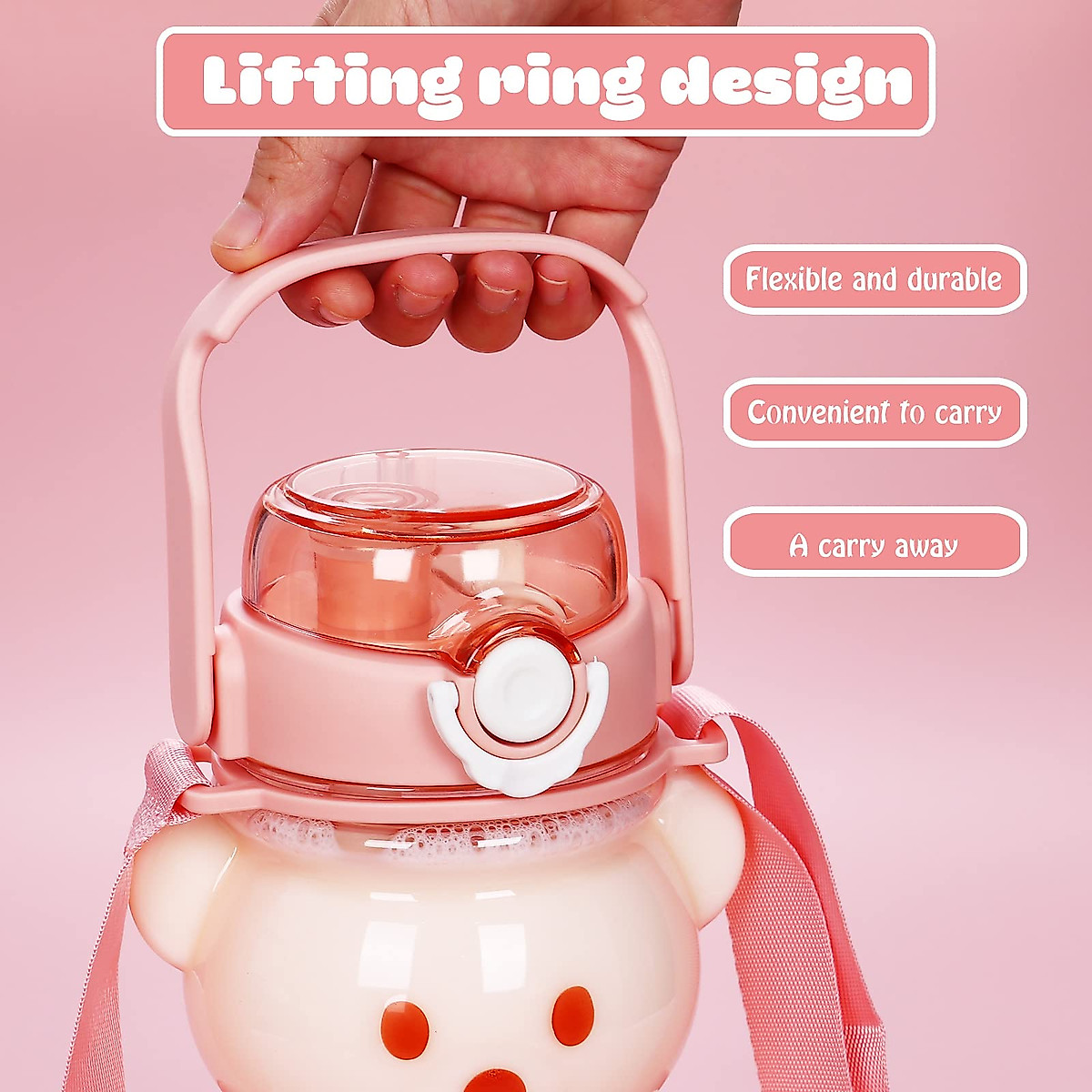 Kawaii Bear Straw Water Bottles Love Large Water Cups Strap for Kids Girls Gifts School Sports Daily Life Milk Tea Juice Travel Drinking Bottled Water Cute Portable Leakproof (Green)