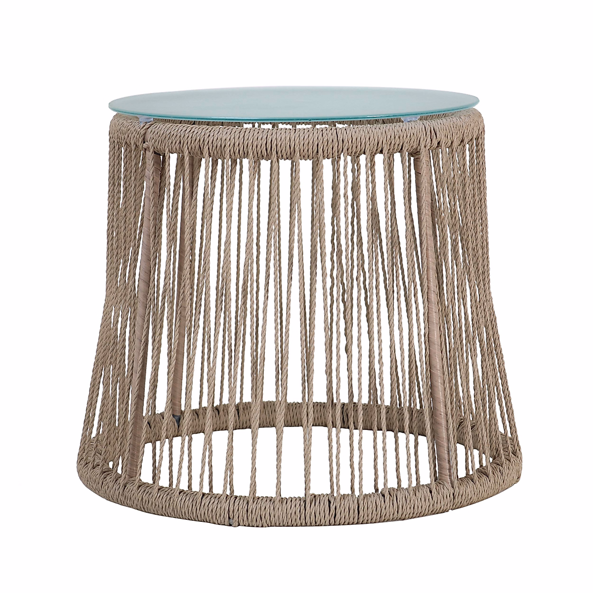 GDFStudio Outdoor Side Table, Steel and Rope, Tempered Glass Table Top, Boho, Brown