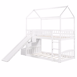 Twin Over Twin Bunk Bed for Kids Toddlers, House Bunk Bed Farm with Storage Steps and Slide Ladder Roof Guardrail for Girls/Boys, No Spring Box Required (White--Wood)