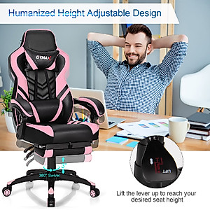 GYMAX Gaming Chair, Ergonomic Computer Chair with Footrest, Linkage Armrests & Lumbar Cushion, Big Wide High Back Video Gaming Chair, Reclining Office Rolling Chair for Adult/Teens (Pink)