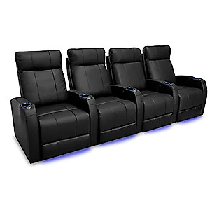 Valencia Syracuse Home Theater Seating | Premium Top Grain Nappa 9000 Leather, Power Recliner, LED Lighting (Row of 4, Black)