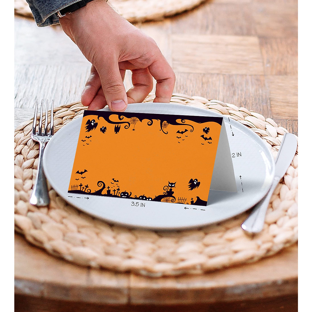 Halloween Place Cards (3.5 x 2 in) 25 pcs, Table Name Cards for Halloween Party, Seating Name Cards, Food Labels, Scored for Easy Folding, Halloween Party Supplies, Fiesta Party - SJK033