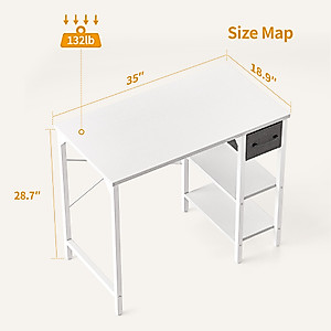 CubiCubi Computer Desk, 35 Inch Small Home Office Desk with Drawer Storage Shelves for Small Space, Writing Study Desk, White
