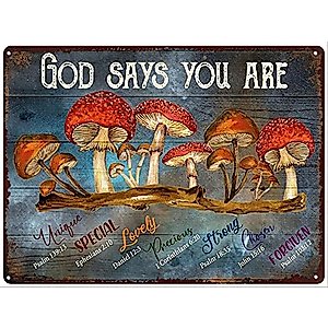 Xiddxu Vintage Wall Decor Metal Plaque Mushroom God Says You are Wall Art Nostalgic tin Sign for Home Kitchen Pubs Sign 6x8 Inch