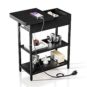 HOUIT End Table with Charging Station, Narrow Flip Top Side Table with USB Ports and Outlets, Nightstand with Storage for Small Spaces, Bedside Tables for Living Room, Bedroom - Black