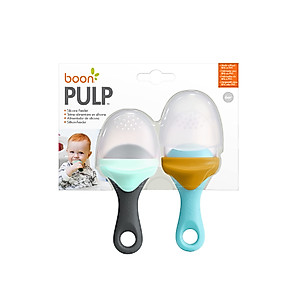 Boon Pulp Silicone Baby Fruit Feeder - Soft Silicone Baby Feeding Set - Fruit and Vegetable Baby Led Weaning Supplies - Baby Feeding Essentials - Blue/Mustard and Gray/Mint - 2 Count