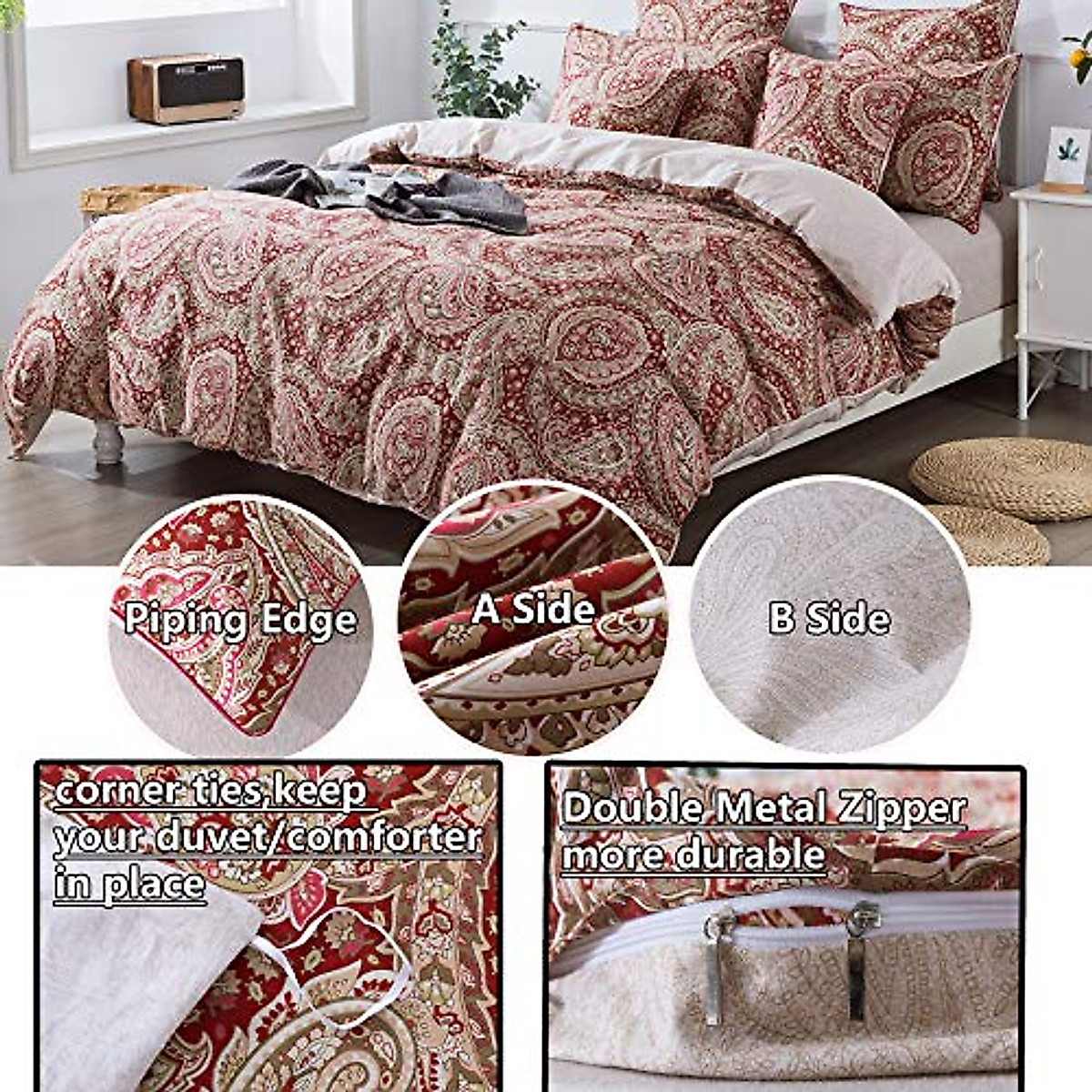 FADFAY Paisley Duvet Cover Set 100% Cotton Ultra Soft Red and Beige Reversible Paisley Bedding Set with Hidden Zipper Closure 3 Pieces, 1Duvet Cover & 2Pillowcases, King/California King Size
