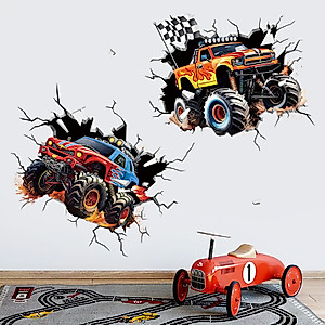 decalmile 2 Large 3D Racing Cars Wall Decals Trucks Break Through Wall Stickers Boys Bedroom Kids Room Playroom Wall Decor
