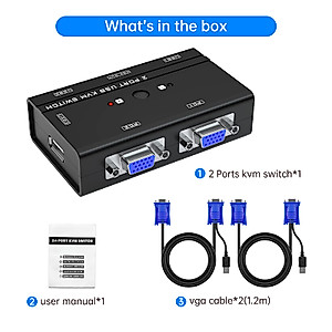 Yinker VGA KVM Switch, 2 Port USB VGA KVM Switch w/2 KVM Cables & 3 USB Hubs for 2 Computers Share One Monitor Keyboard Mouse