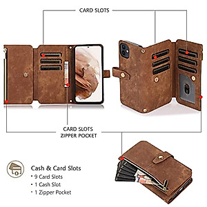 UEEBAI Crossbody Wallet Case for iPhone 11 6.1 inch, 9 Card Slots Adjustable Crossbody Zipper Cover Detachable Lanyard Strap Flip Case with Hand Strap Kickstand Case - Brown