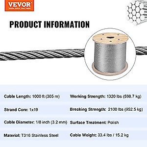 Mophorn Stainless Steel Cable Railing 1/8"x 1000ft, Wire Rope 316 Marine Grade, Braided Aircraft Cable 1x19 Strands Construction for Deck,Rail,Balusters,Stair,Handrail,Porch,Fence