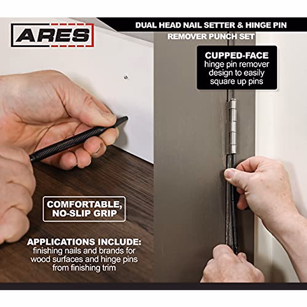 ARES 10012 – 2-Piece Dual Head Nail Setter & Hinge Pin Remover Punch Set – Nail Setter Features 1/32-Inch (#1) and 1/16-Inch (#2) Dual Head Design – CNC-Precision Machined - 5000 PSI Striking Force