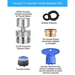 Faucet to Garden Hose Adapter Kit, 360 Degree Swivel Faucet Aerator Adapter to Garden Hose with Cache Faucet Aerator Key, Sink Garden Hose Attachment for Male to Male and Female to Male, Chrome