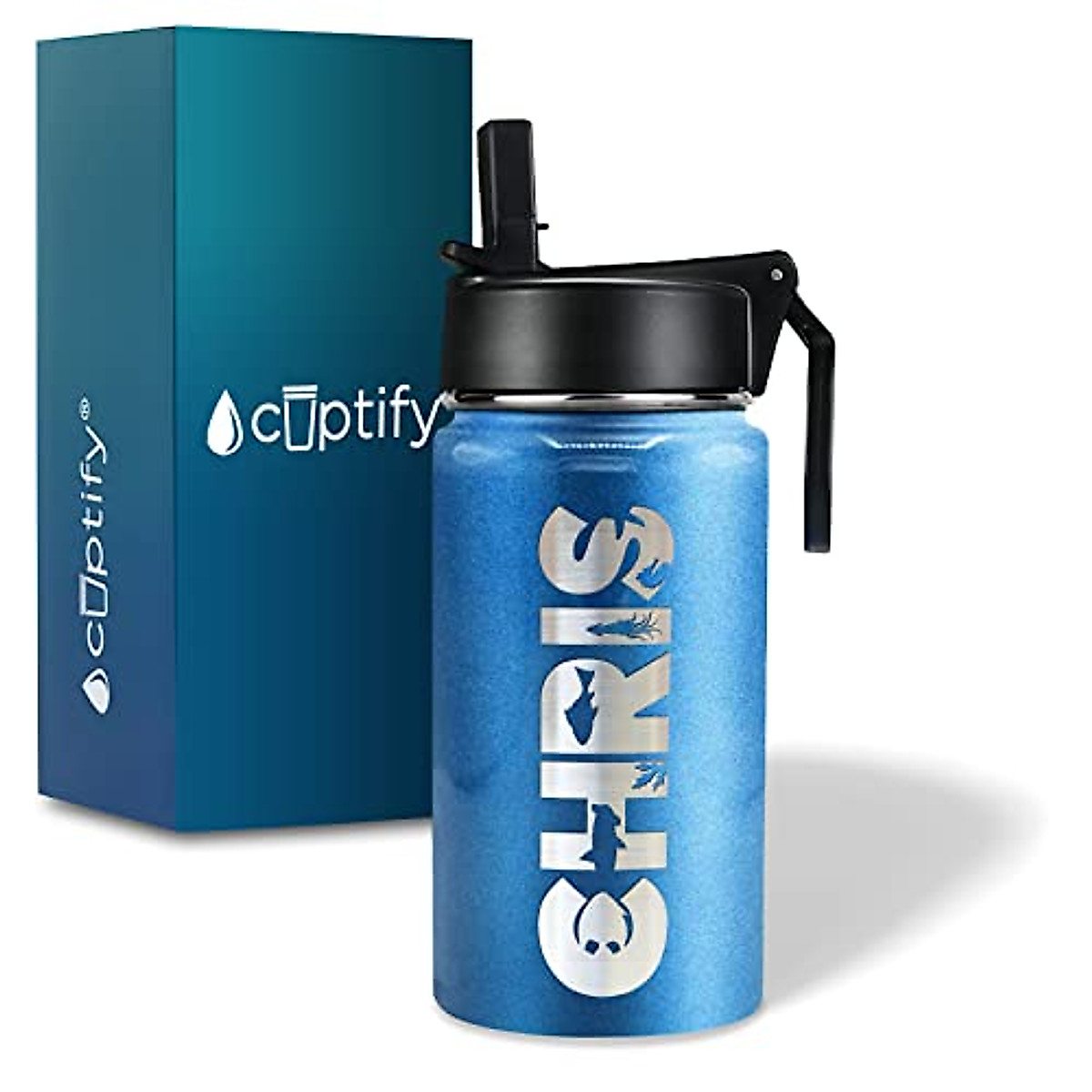 Personalized Kids Water Bottle with Straw Lid on Baby Blue Glitter for School Engraved Custom Children Name 12 oz Modern Insulated Stainless Steel Steel